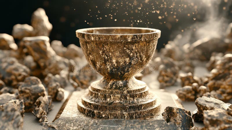 A Stone Cup Rests on a Pedestal, Encircled by Various Rocks in a ...