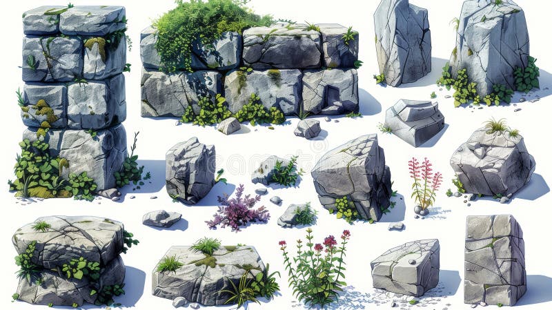 Stone Curbs, Stones, Energy Bars - Detailed Game Assets. Stock Image ...