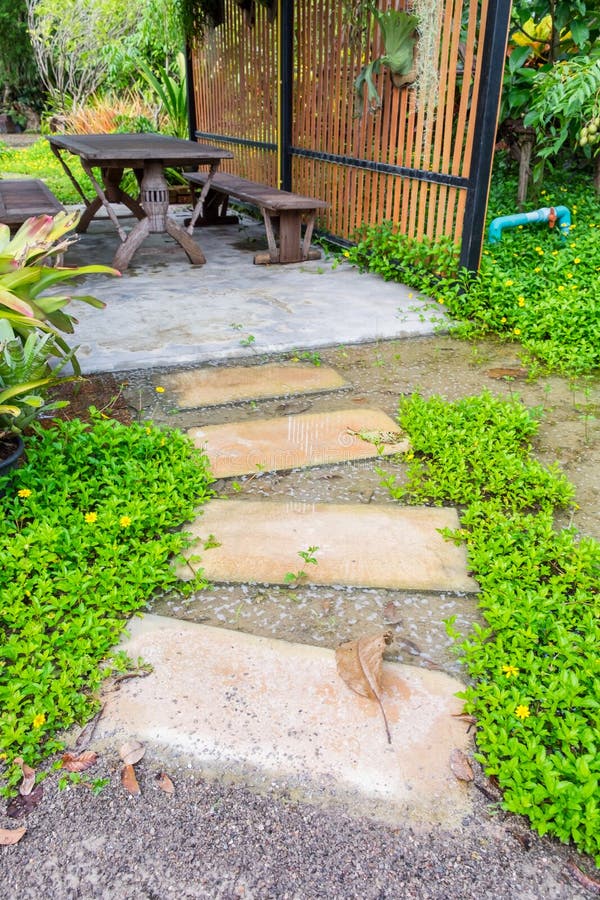 Stone Curved Walkway in Garden Stock Photo - Image of outdoor ...