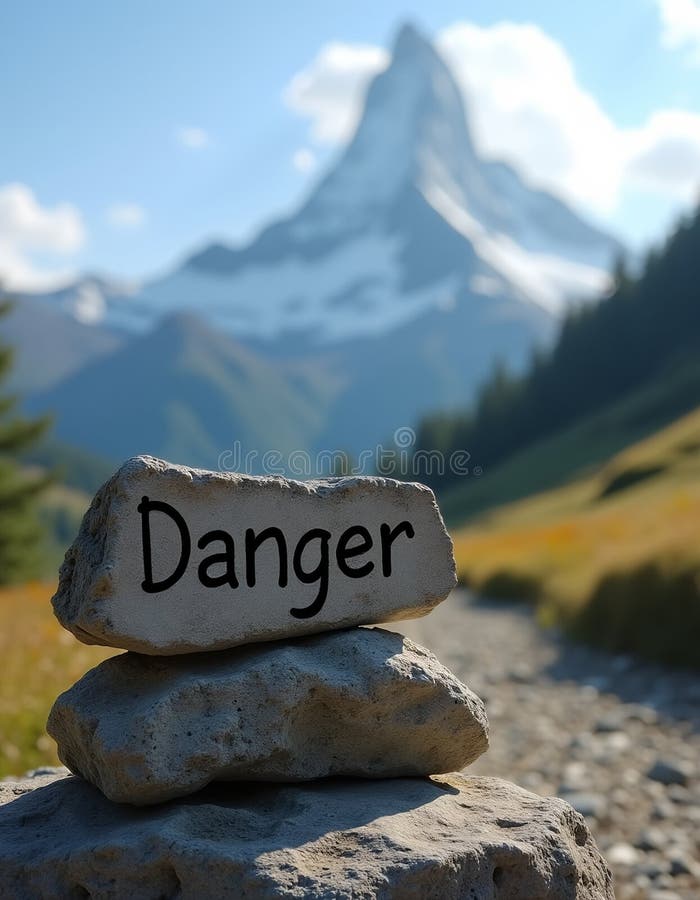 Stone Danger Sign with Mountain Backdrop Stock Illustration ...