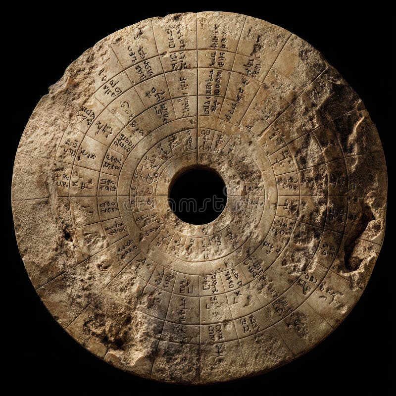 Rotating Circular Stone Disc with Radial Glyph Carvings Stock ...