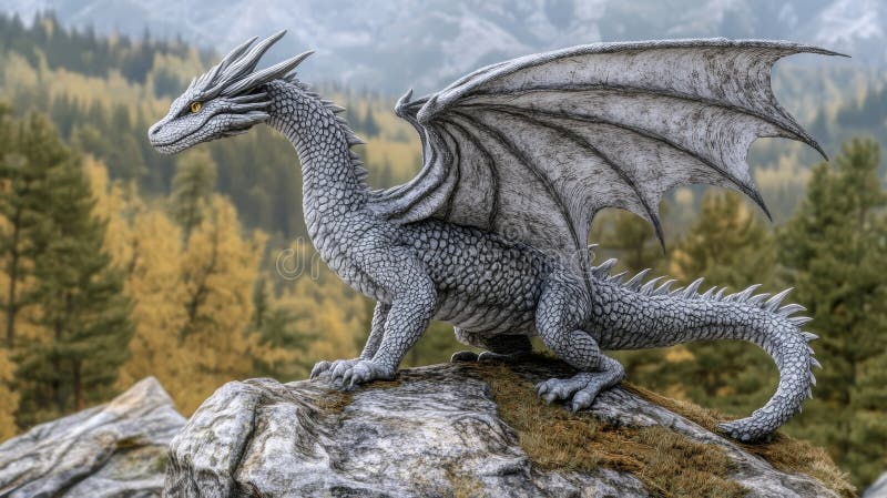 A Stone Dragon Statue Sits Peacefully in an Enchanting Garden Stock ...