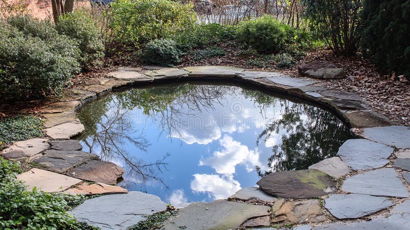 Stone-edged Pond Reflecting Sky, Garden Setting Stock Photo - Image of ...
