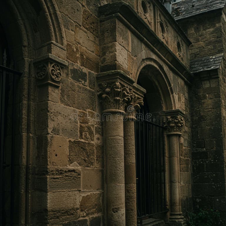 Stone Facade of a Historical Building Featuring Romanesque ...