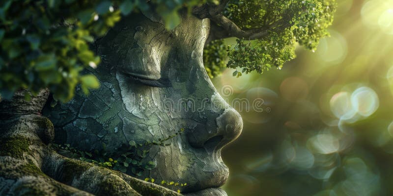 Stone Face Blended with Tree Roots and Leaves, Symbolizing Harmony ...
