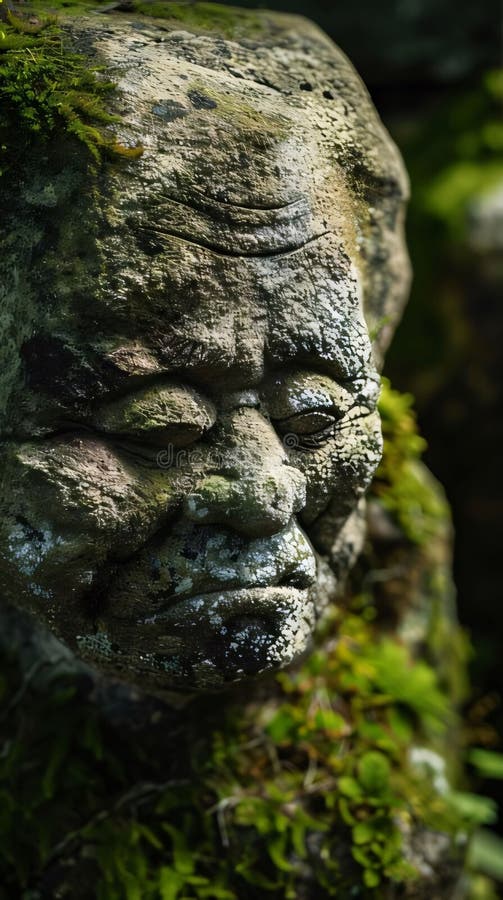 Stone Face of a Buddha in a Mossy Garden Stock Illustration ...