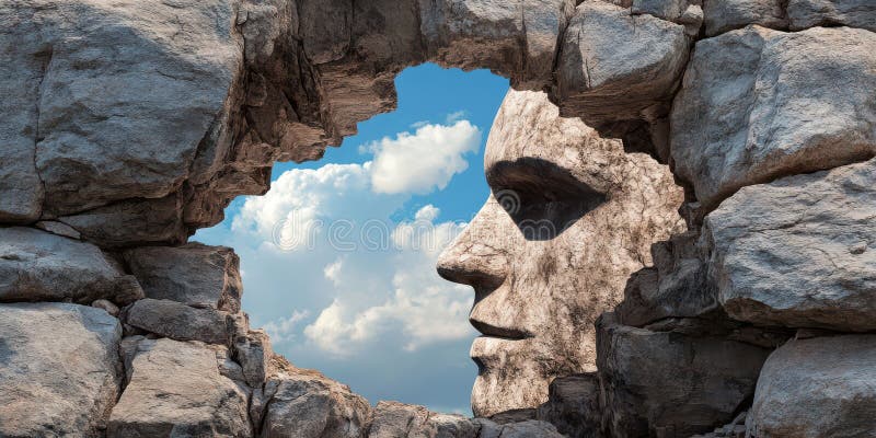 A Stone Face Emerges from the Center of a Circular Hole in the Ground ...