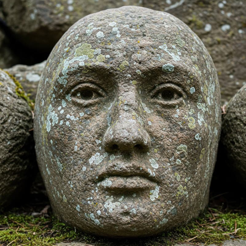 A Stone Face with Moss and Lichen among the Boulders. Stock Photo ...