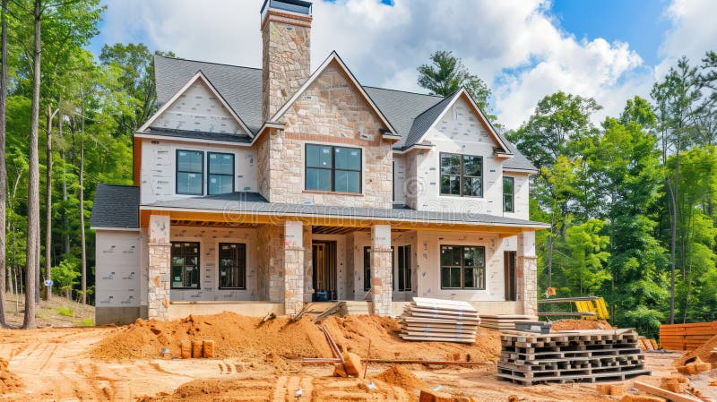 Stone-Faced House Under Construction in a Wooded Area Stock Photo ...