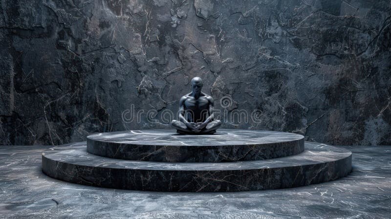 A Stone Figure Sits in Meditation on a Circular Platform in a Dimly Lit ...