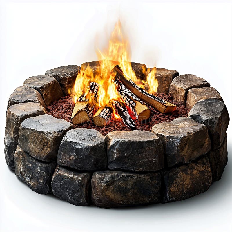 Outdoor Fire Pit with Burning Logs and Bright Flames Isolated on ...