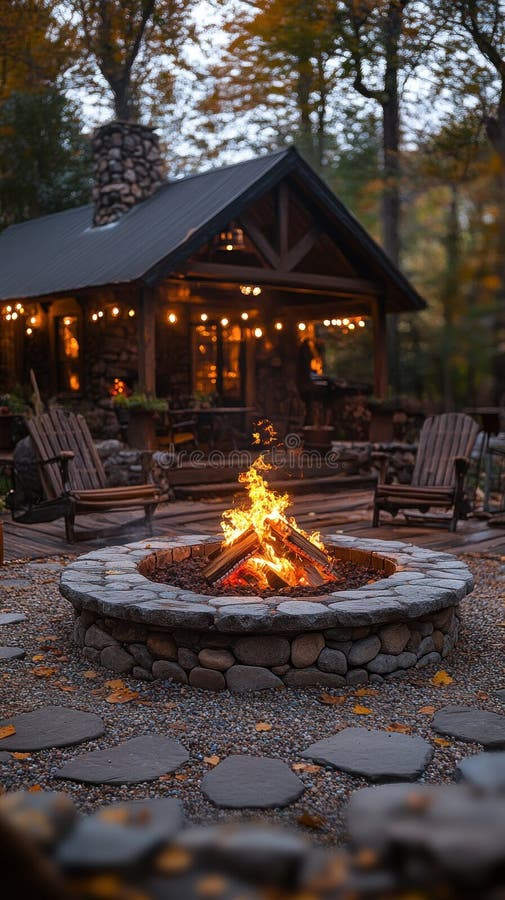 Stone Fire Pit in Front of a Cozy Cabin with String Lights - Photograph ...