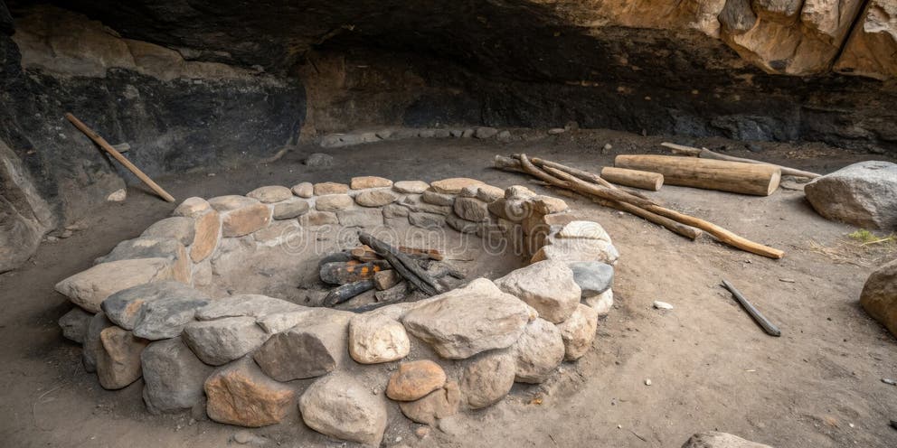 Stone Fire Pit Located in a Natural Cave Setting, Surrounded by Logs ...