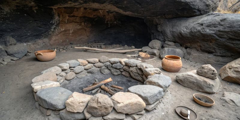 Stone Fire Pit Surrounded by Pottery in Ancient Rock Shelter Stock ...