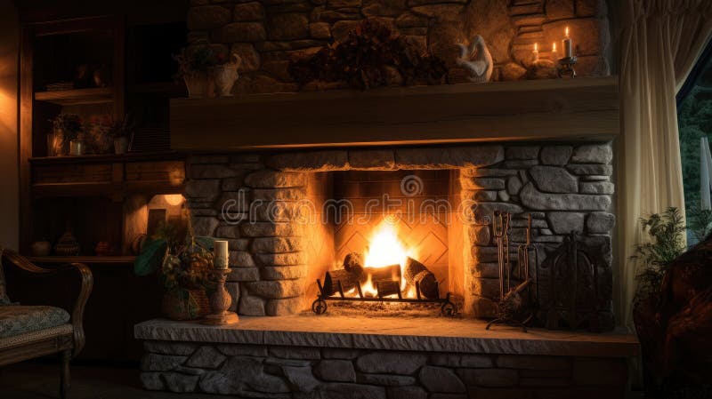 Stone Fireplace Ablaze in the House. Generative Ai Stock Illustration ...