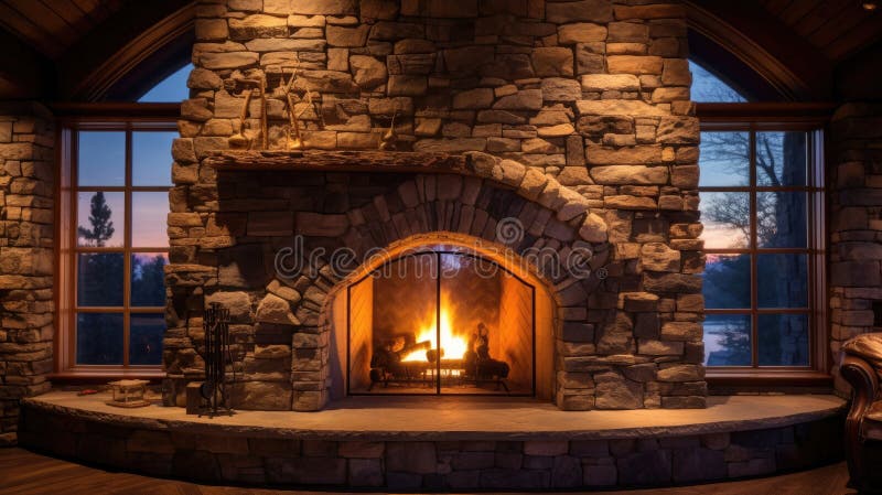 Stone Fireplace Ablaze in the House. Generative Ai Stock Illustration ...