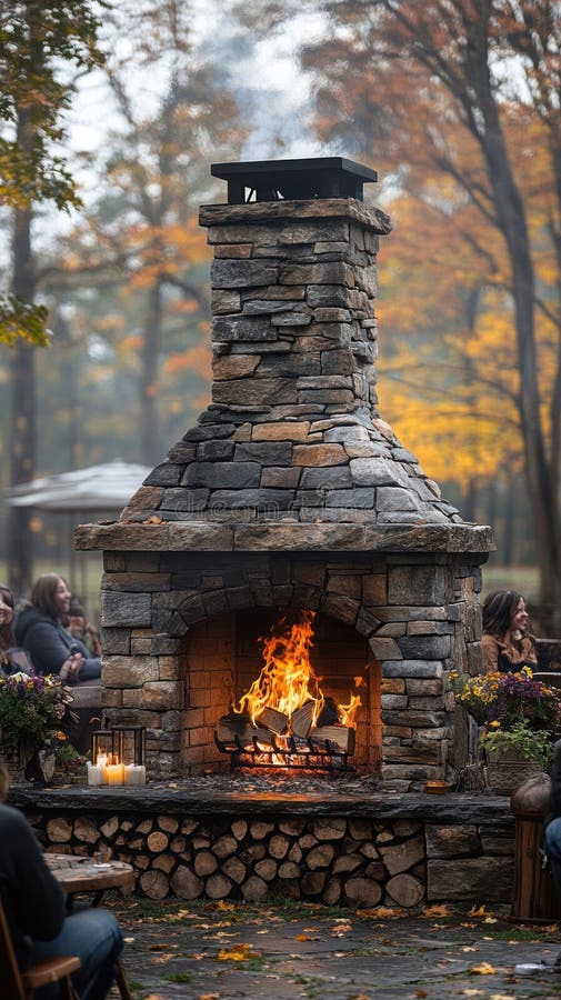 Stone Fireplace with Burning Fire in Autumn Setting - Realistic Image ...