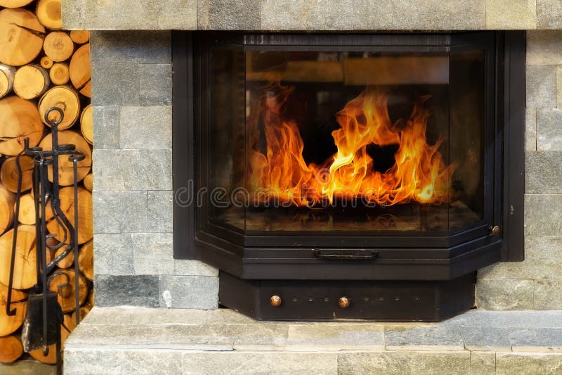 Stone Fireplace with Burning Fire, Cozy Winter Stock Image - Image of ...