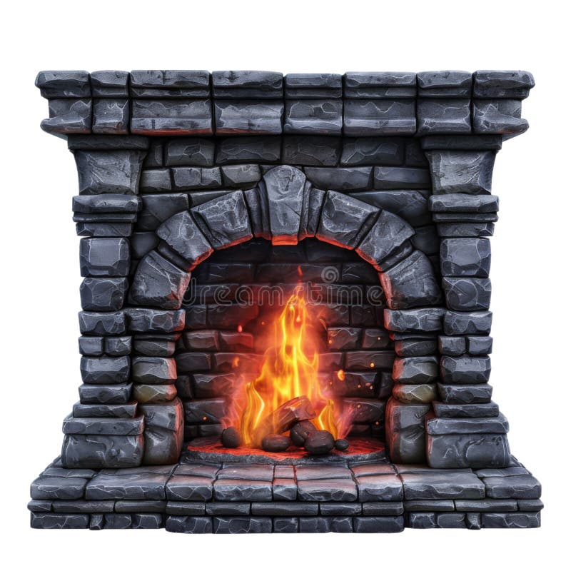 Stone Fireplace with Burning Fire and Embers Stock Image - Illustration ...