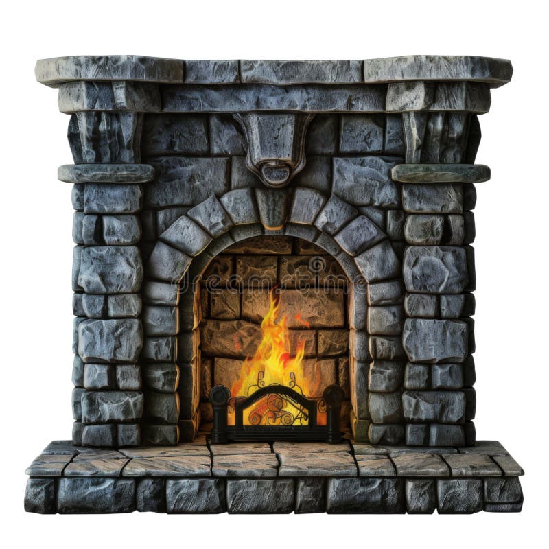 Stone Fireplace with Burning Fire and Ornate Iron Grate Stock Photo ...