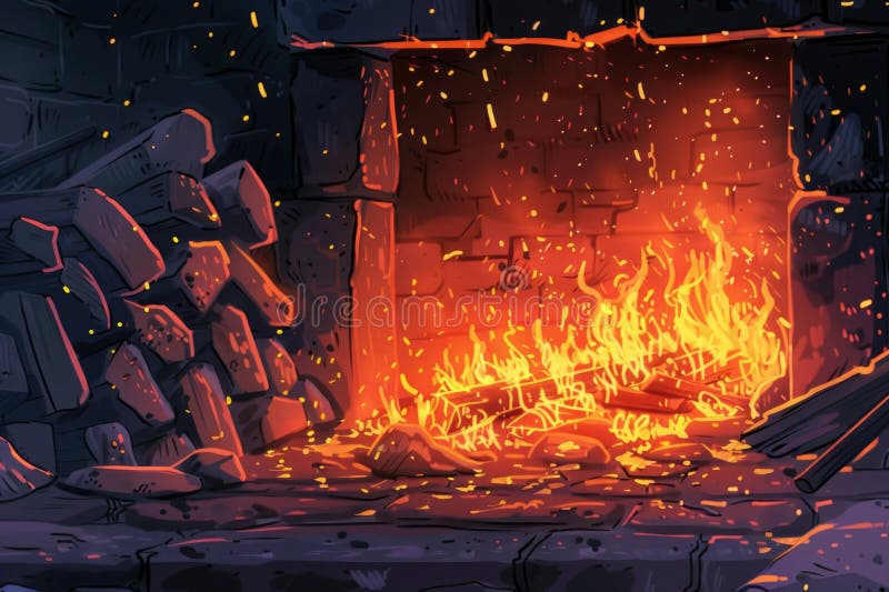 Stone Fireplace with Burning Fire, Perfect for Cozy Interior Design ...