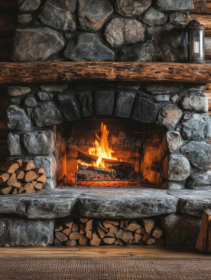 Stone Fireplace with Burning Fire and Stacked Logs Stock Photo - Image ...