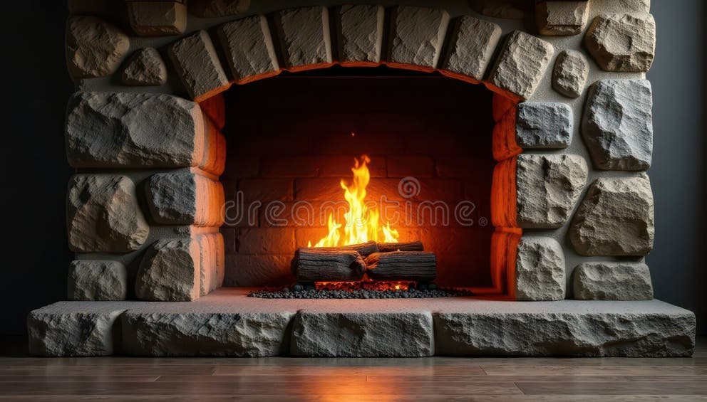 Stone Fireplace with Flickering Flames, Realistic Texture, Fire, Modern ...