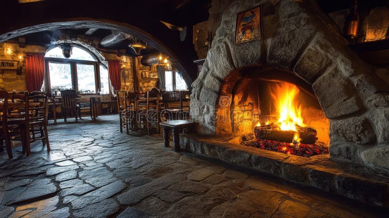 Stone Fireplace in a Medieval Inn with a Roaring Fire Stock ...