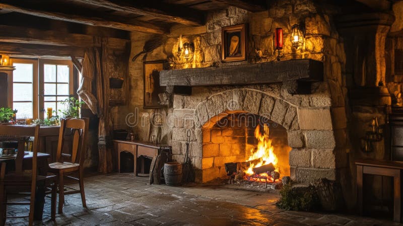 Stone Fireplace in a Medieval Inn with a Roaring Fire Stock ...