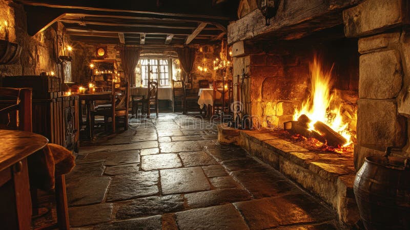 Stone Fireplace in a Medieval Inn with a Roaring Fire Stock ...