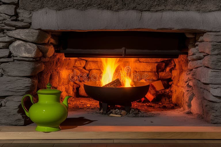 Stone Fireplace Wall, Cauldron, Spacious Bed, and Metal Mugs Table in ...