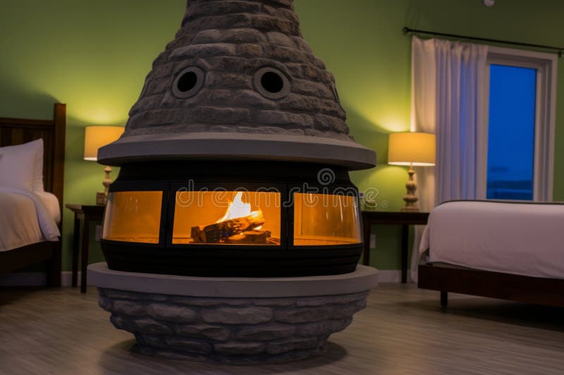 Stone Fireplace Wall with Hanging Cauldron, Spacious Bed, and Metal ...