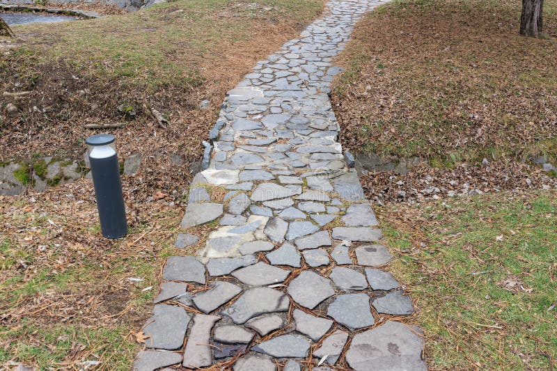 Stone Footpath through Grass and Fallen Leaves in Tranquil Park Setting ...