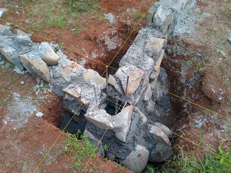 Stone Foundation Construction with Alignment Strings Setup Stock Photo ...