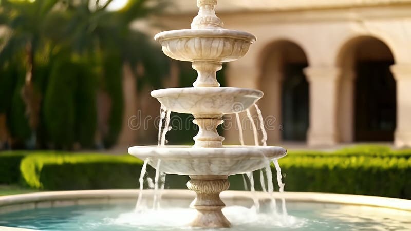 Elegant Multi Tiered Marble Fountain Flowing Water in a Green Courtyard ...