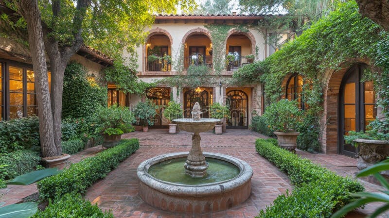 Stone Fountain in a Lush Courtyard of a Spanish-Style Home Stock ...