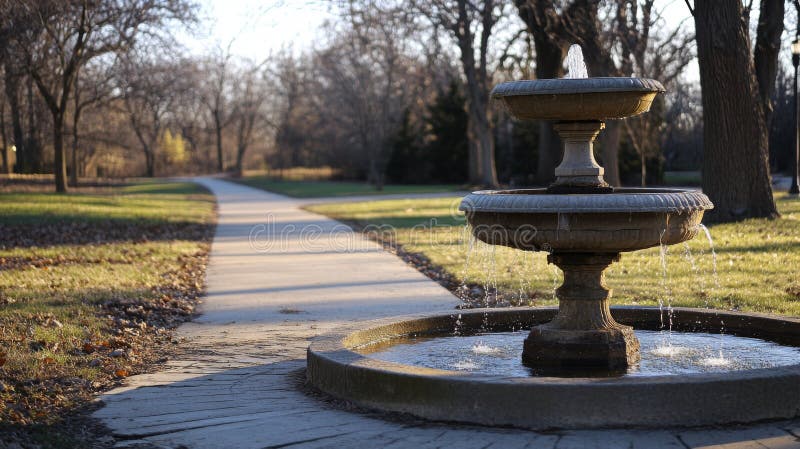 Stone Fountain with Water Flowing on a Park Path Stock Illustration ...