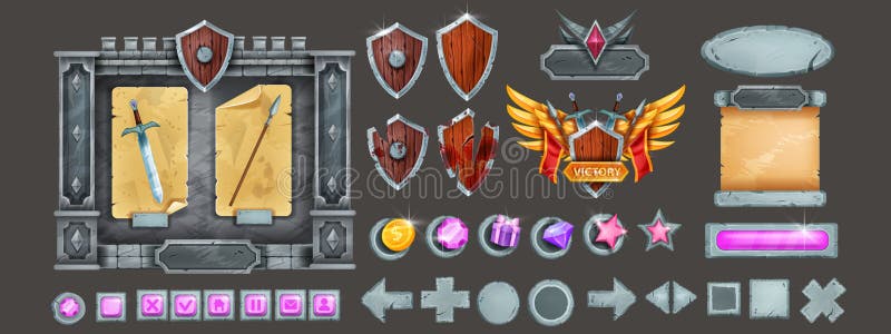 Stone Game Button Vector Illustration Set, Iron UI Frame Kit, Green ...