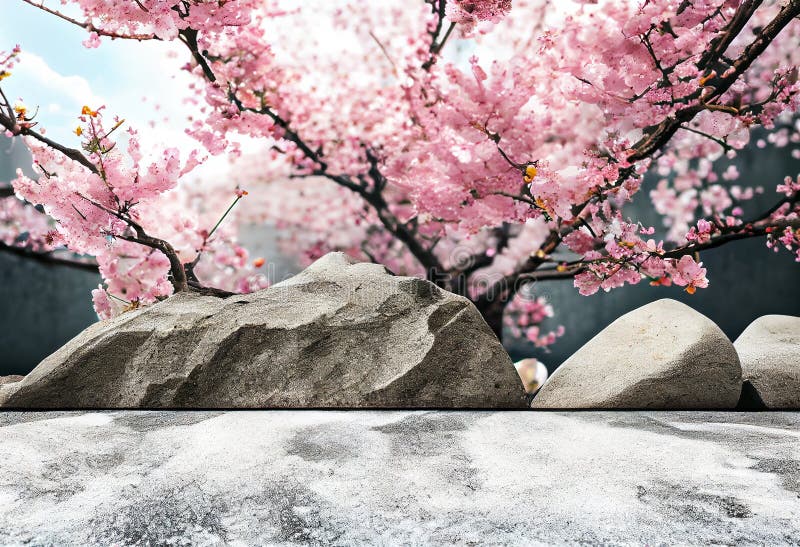 Stone Garden with Blooming Pink Spring Sakura Cherry Trees, Copy Space ...