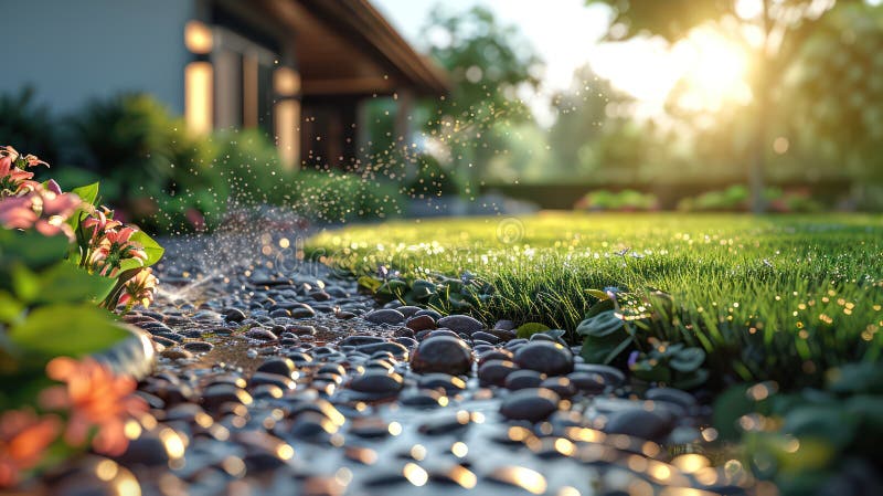 Stone Garden Path and Automatic Lawn Watering Sprinkler. Generative AI ...