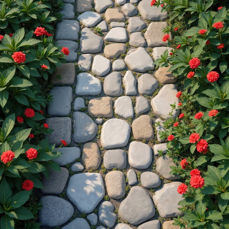 Stone Garden Path with Flower Border Background. Top View of Stone ...