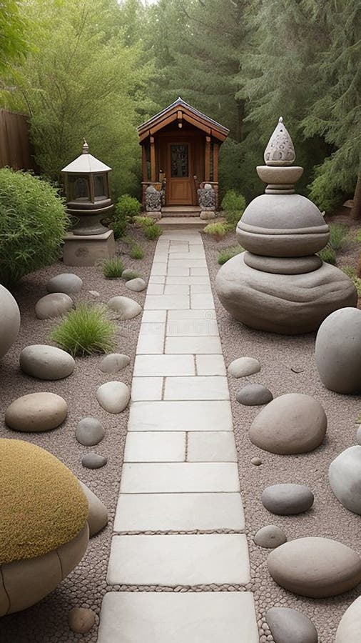 A Stone Garden with a Stone Path, Round Stones and a Stone Pyramid. an ...