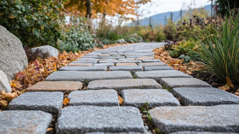Stone Garden Path Winding through Autumn Garden with Fallen Leaves ...