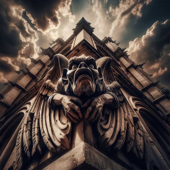 A Stone Gargoyle of a Cathedral Under a Dramatic Sky. Nadir View Stock ...