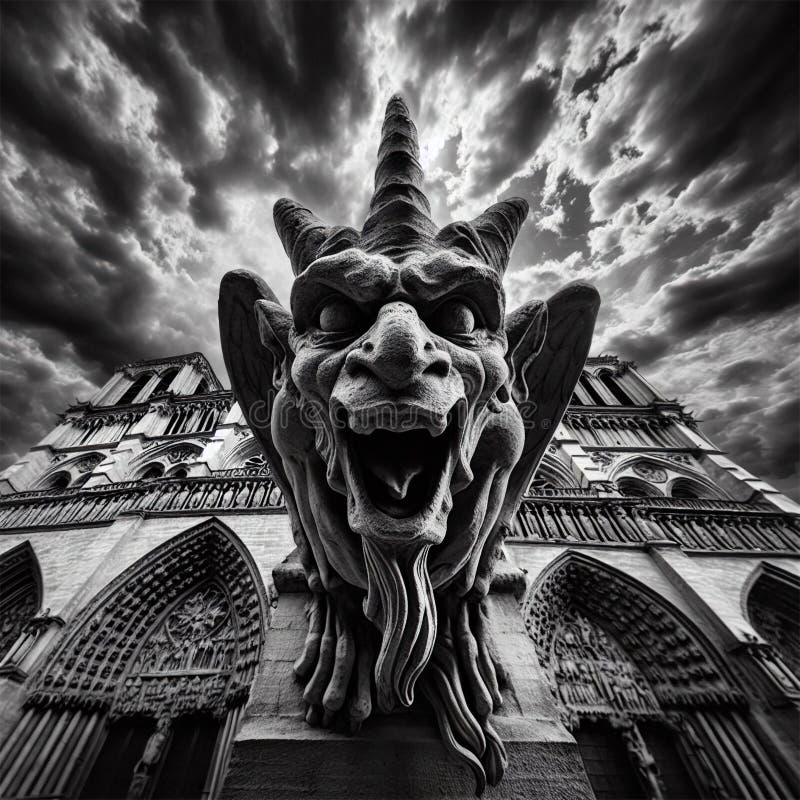 A Stone Gargoyle of a Cathedral Under a Dramatic Sky. Nadir View Stock ...