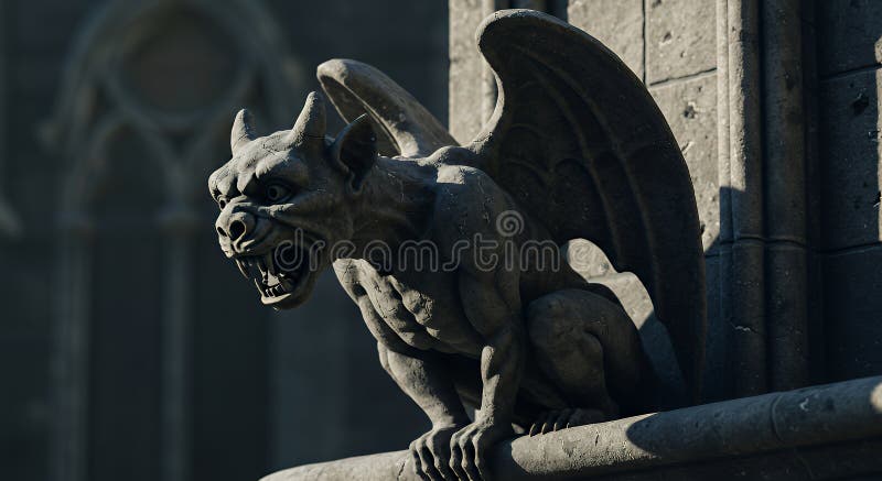 Gargoyle Perched Atop Building Sculpture with Intricate Wing Details ...