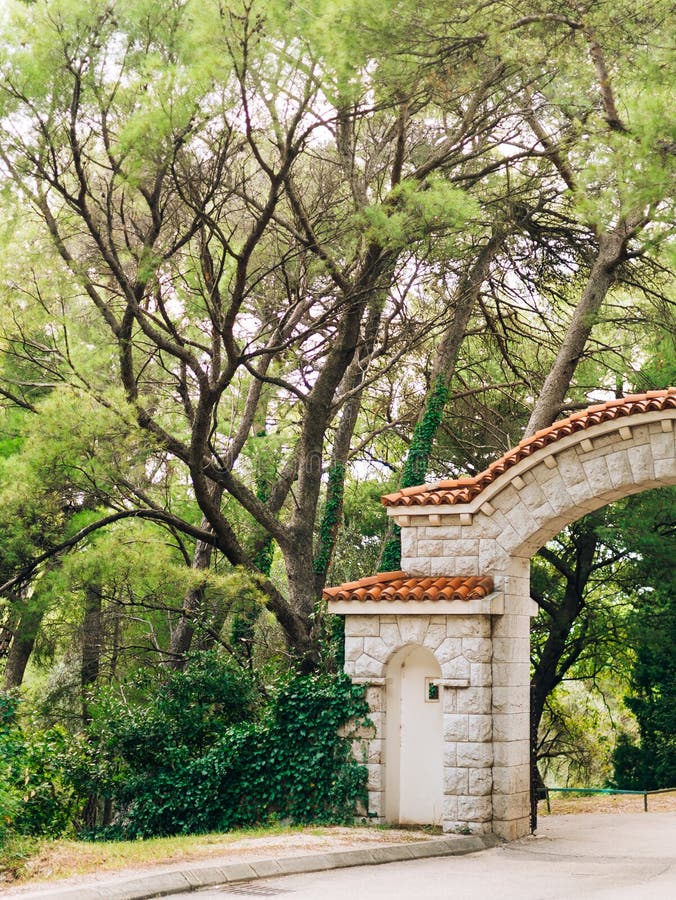 Stone Gate with a Tiled Roof in the Forest. Handmade Stock Image ...