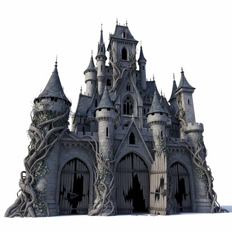 Stone Gothic Castle with Intricate Towers and Vines on White Background ...