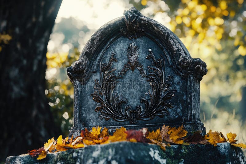 A Stone Grave Topped with Vibrant Autumn Leaves Stock Image - Image of ...