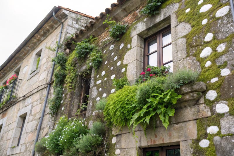 Stone and Green Moss Texture on an Old Building Stock Illustration ...